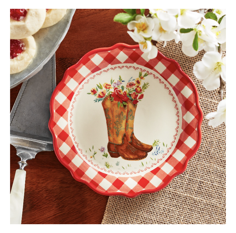 Pioneer Woman Red Gingham Dessert Appetizer Plate Cowboy Boots Ceramic ...
