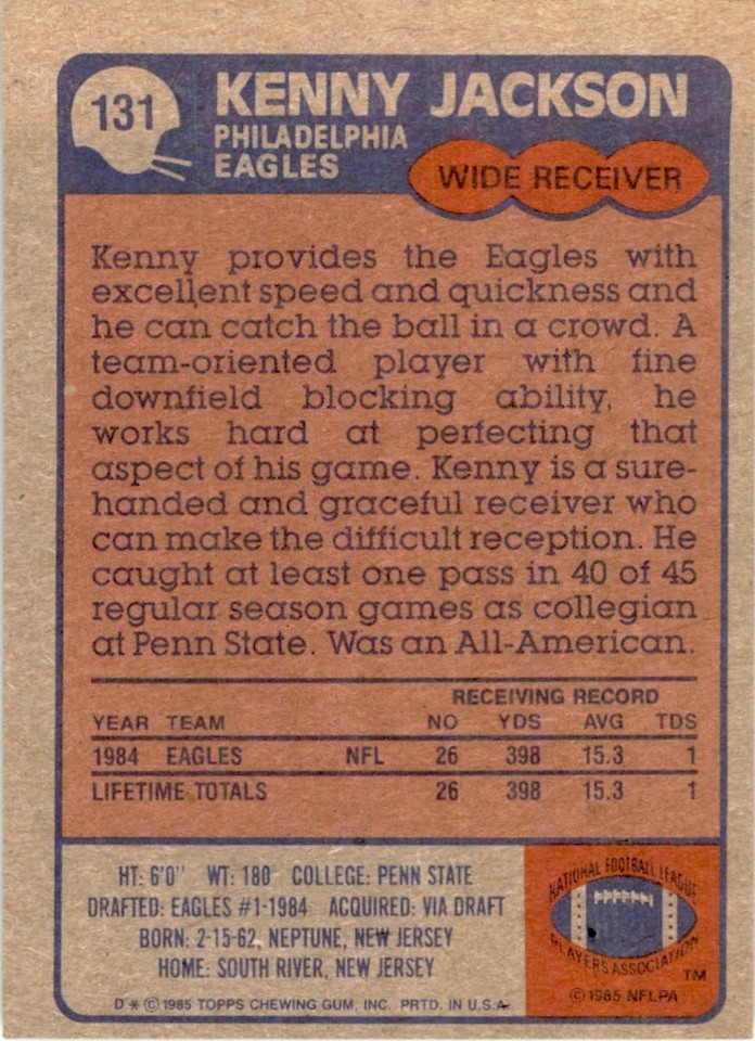 1985 TOPPS KENNY JACKSON PHILADELPHIA EAGLES* #131 | eBay