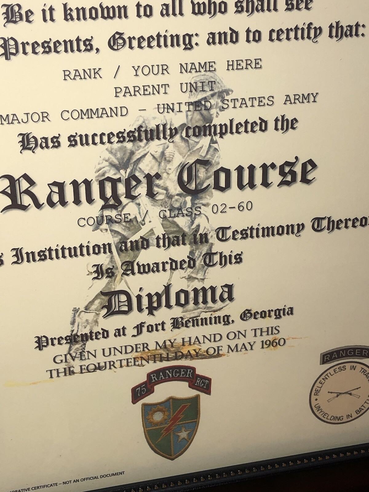 U.S. ARMY RANGER SCHOOL DIPLOMA (1960's - VIETNAM ERA) COMMEMORATIVE ...