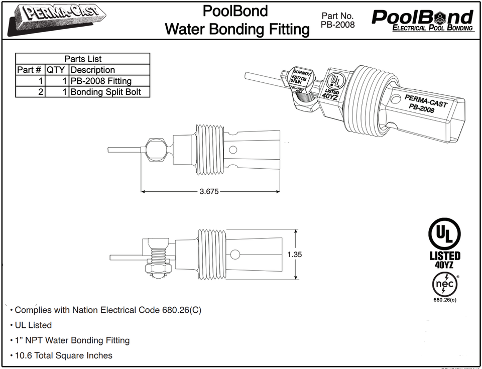 Perma-Cast Pool Bond Water Bonding PB-2008 Brass Fitting 1" NPT | eBay