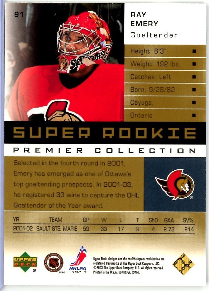2002-03 UD Premier Collection Gold #91 Ray Emery RC /199 - Ottawa ...
