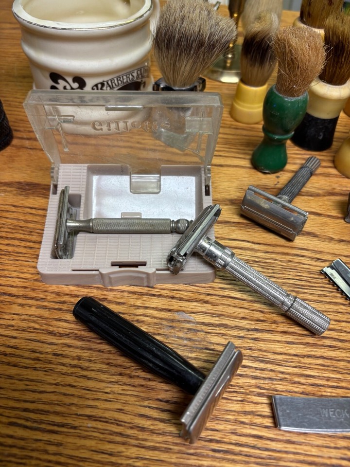 Vintage razors- lot of Gillette, Clix,Gem ,Weck 9 shaving brushes ...