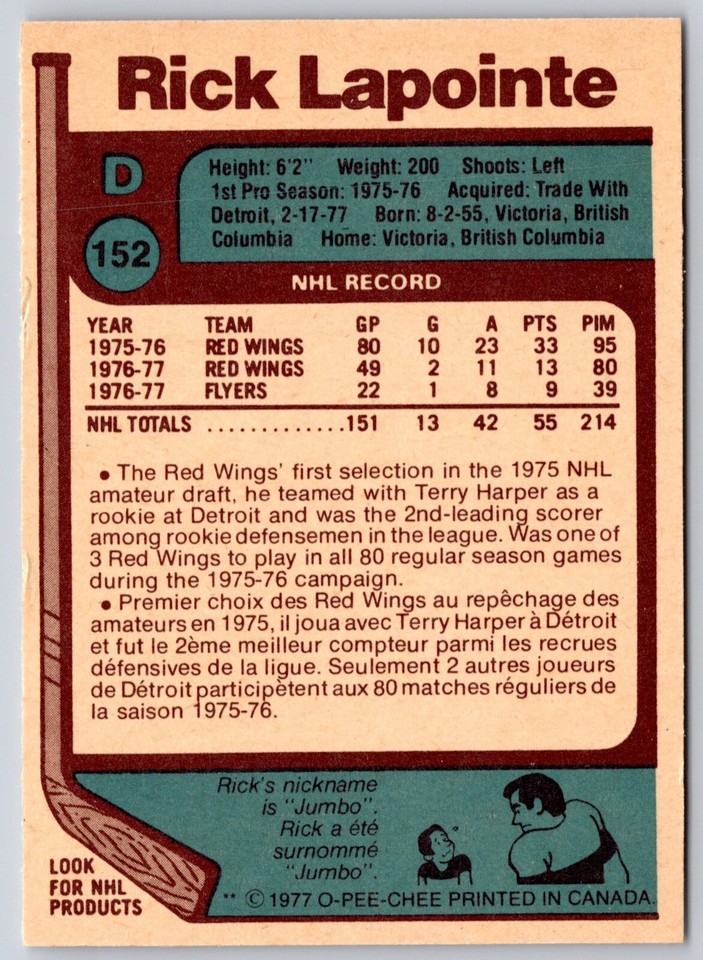 RICK LAPOINTE 1977-78 O-PEE-CHEE 77-78 NO 152 NRMINT+ 53271 | eBay