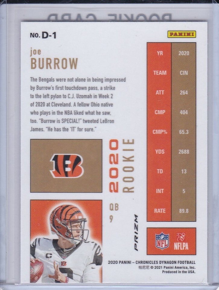 JOE BURROW ROOKIE CARD Bengals Football 2020 Dynagon RARE SILVER PRIZMS ...