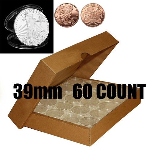 60 coin holders 39mm direct fit coin capsules for 1 OZ SILVER OR COPPER ...