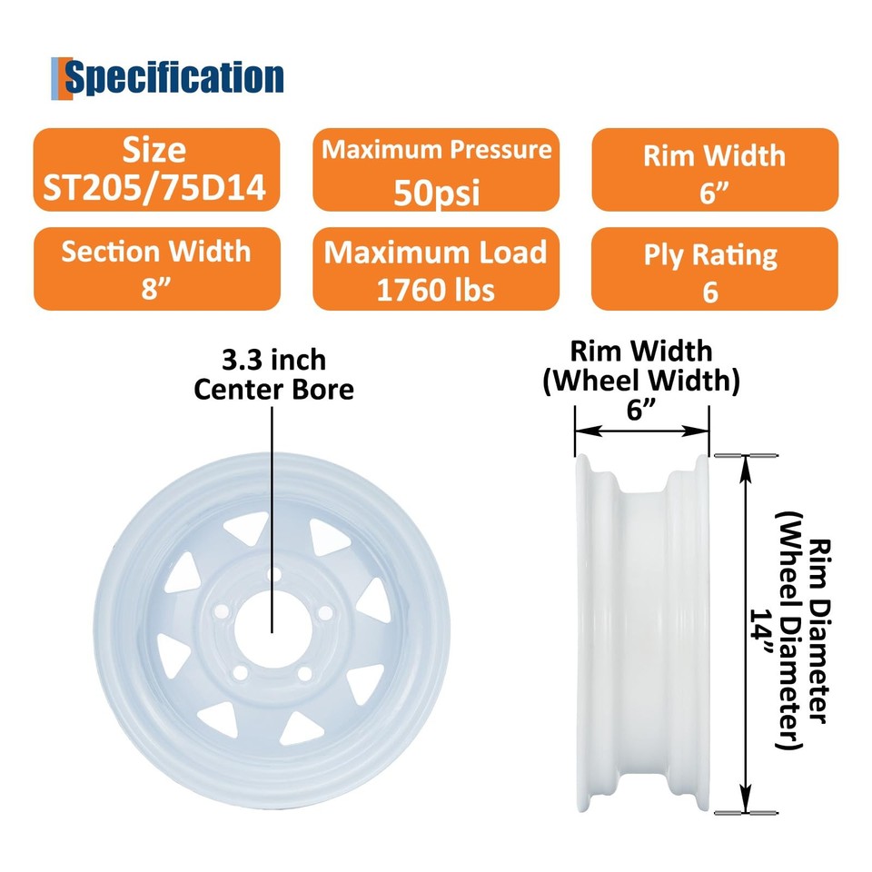 ST205/75D14 Trailer Tire and Wheel 5 Lug on 4.5 in 14" Rims for Utility ...