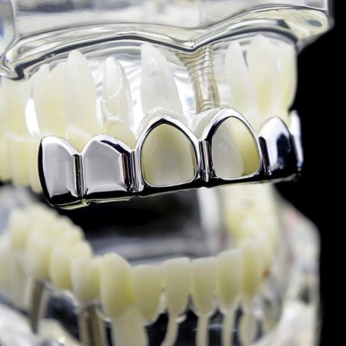 Two Open Face Tooth Grillz Silver Tone Grill Top Row Upper Teeth Hip ...