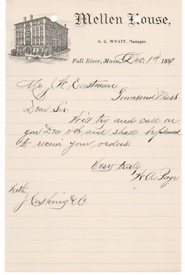 1897 MELLEN HOUSE 125 NORTH MAIN ST FALL RIVER MA HOTEL LETTERHEAD | eBay