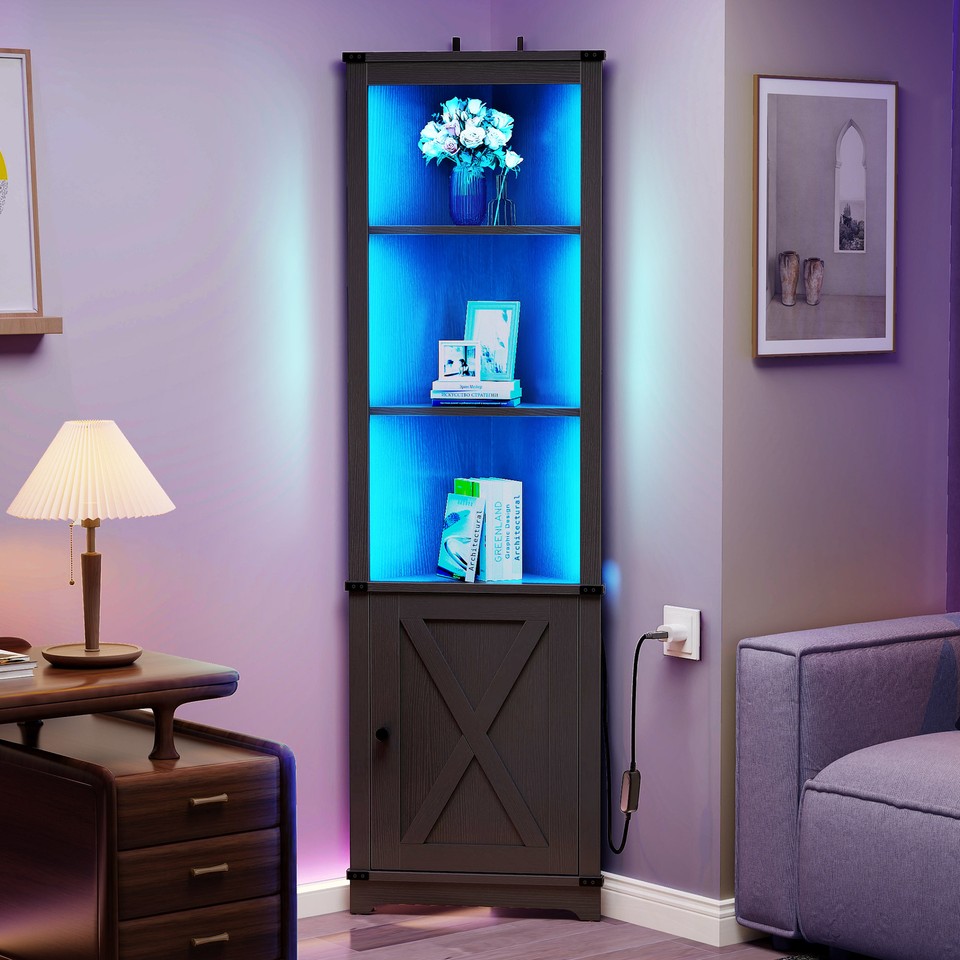 5-Tier Corner Cabinet with LED Light Corner Display Cabinet Living Room ...