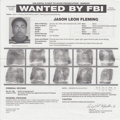 Genuine FBI Wanted Poster, 2004 Jason Leon Fleming, Terroristic ...