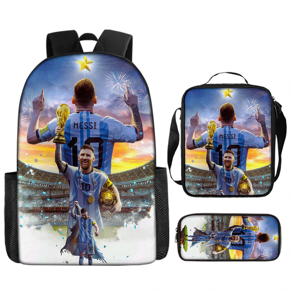 3D Football Star Messi Backpack Pencil Case Lunch Bag Suits School ...