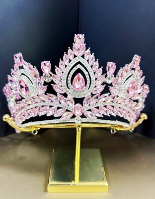 Quinceanera Crown, Pink Rhinestone Crown, Large Size Crown, Silver ...