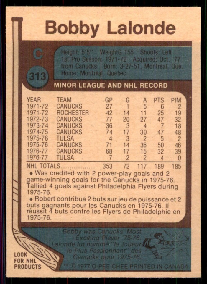 1977-78 O-Pee-Chee Bobby Lalonde Atlanta Flames #313 | eBay