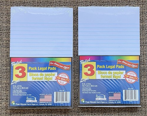 Two 3 PACKS JUNIOR LEGAL NOTE PADS 5" x 8" Lined Ruled 240 Sheets TREE ...