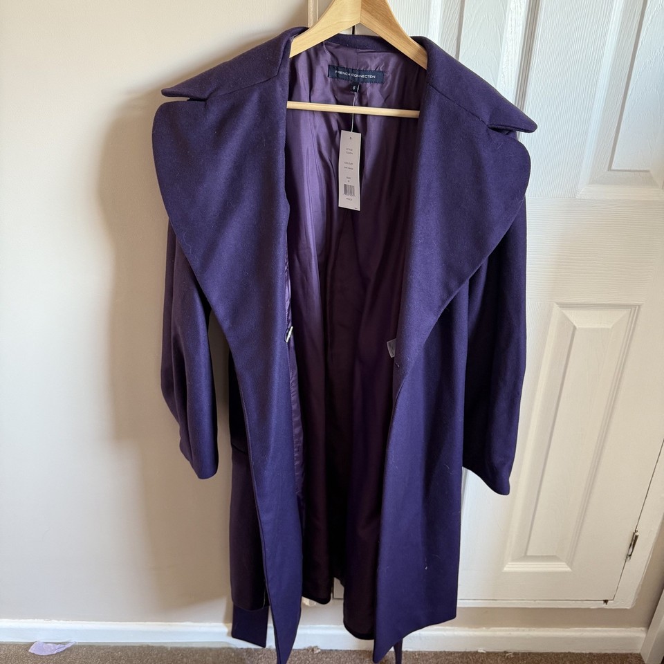 NWT French Connection Cashmere Wool Mix Wrap Coat Belted Purple UK 8 | eBay