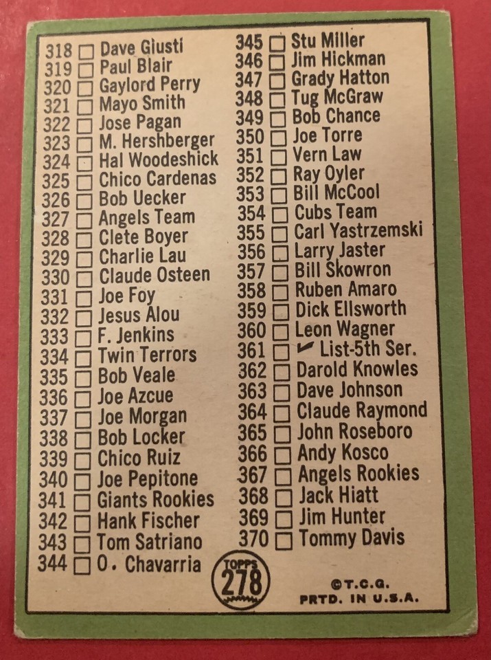 1967 Topps Baseball #278 4th Series Checklist | eBay