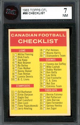 1963 TOPPS CFL FOOTBALL #88 (1-88) UNMARKED Checklist Card Graded KSA 7 ...