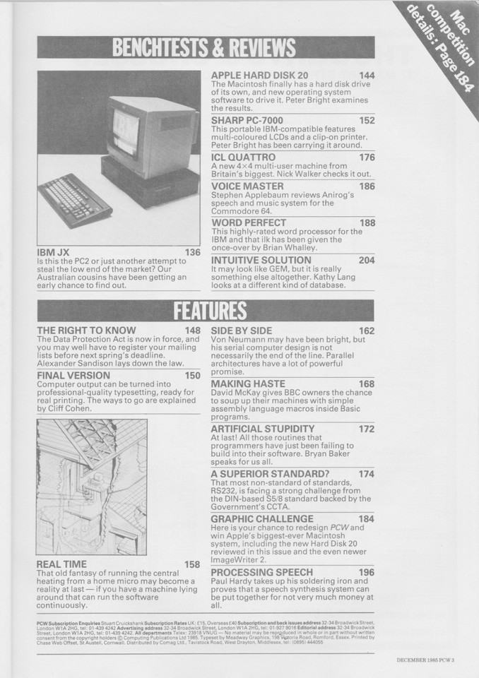 Personal Computer World (PCW) 1985 - December - IBM JX, Apple Hard Disk ...