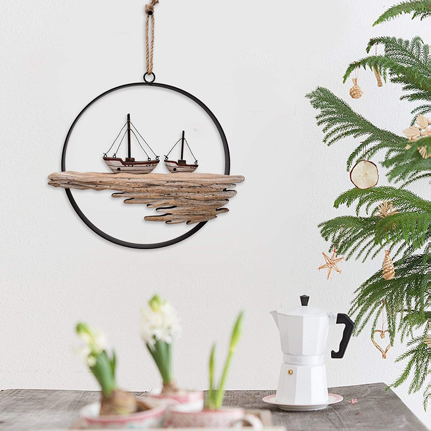 Nautical Wood Wall Decoration Rustic Wooden Hanging Circle Ocean Home ...