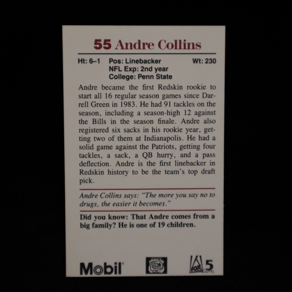 1991 Andre Collins Washington Redskins MOBIL FOX 5 Police Card #55 | eBay