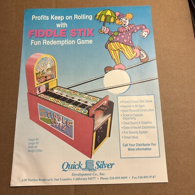 original 1994 11- 8” Fiddle Stix Quick Silver arcade game AD FLYER | eBay