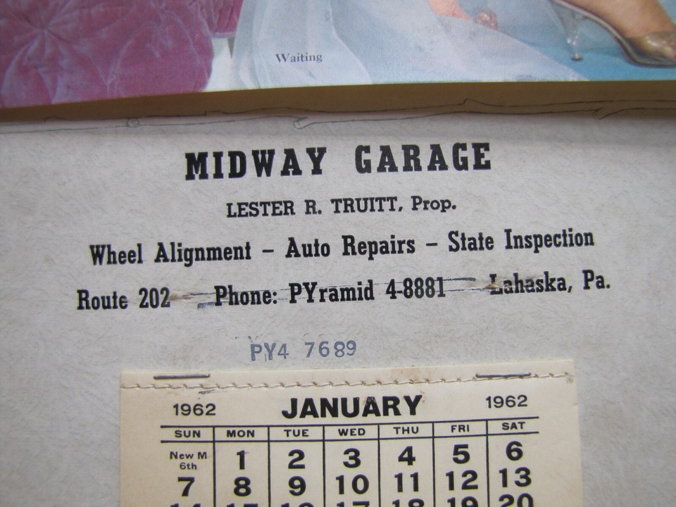 1962 MIDWAY GARAGE LAHASKA PA Orig Old Pinup Calendar Sign 'Waiting ...