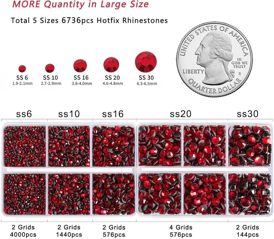 Red Flatback Hotfix Rhinestones 6736pcs, Multi-Size SS6-SS30 with | eBay
