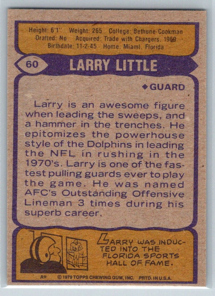 Larry Little 1979 Topps Signed Autographed Card Miami Dolphins TC5222 ...
