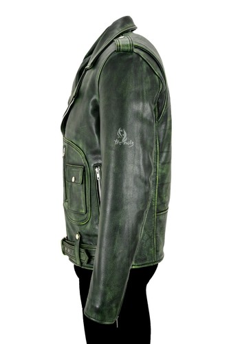 Men's Real Leather Riding Jacket Green Vintage Thick Cowhide Brando ...