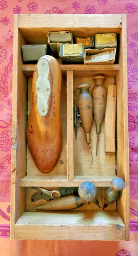 ANTIQUE COBBLERS BOX, TOOLS, SHOE MOLD- ROBERTS HDW CO, UTICA NY -SHOE ...