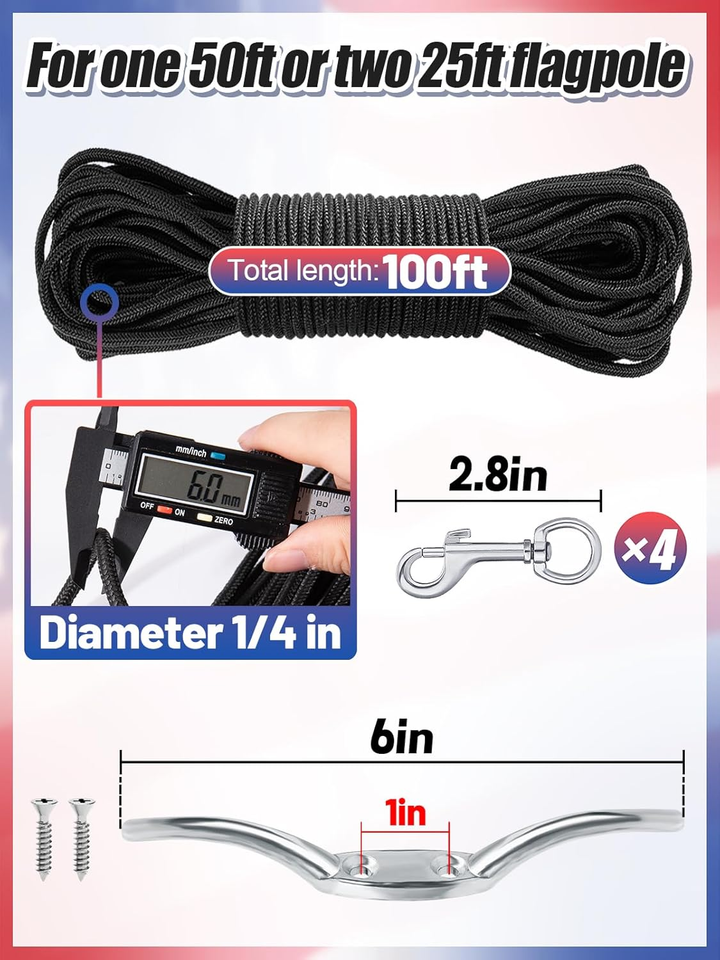 Flag Rope and Clips Kit - 100Ft Flag Pole Rope Halyard with Cleat Hook ...