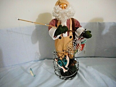 Fishing Santa Figurine Fabric with Fishing pole basket net fish 17 ...