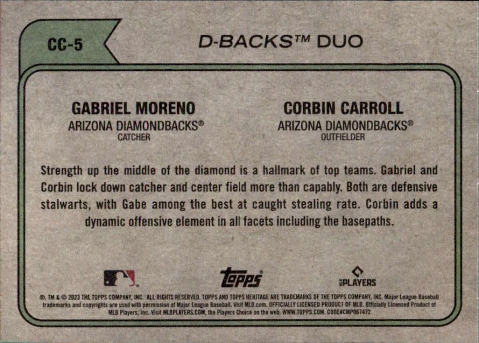 2023 Topps Heritage High Number Combo Cards #CC-5 Gabriel Moreno/Corbin ...