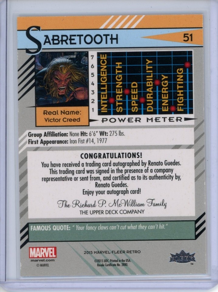 2015 Marvel Fleer Retro #51 Sabretooth Renato Guedes Autograph Auto | eBay