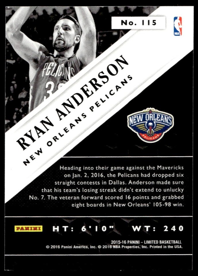 2015-16 Panini Limited Ryan Anderson G30 /80 New Orleans Pelicans #115 ...