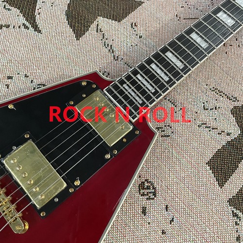 LEFT HAND Red Flying V Electric Guitar Gold HH Solid Mahogany Free Ship ...