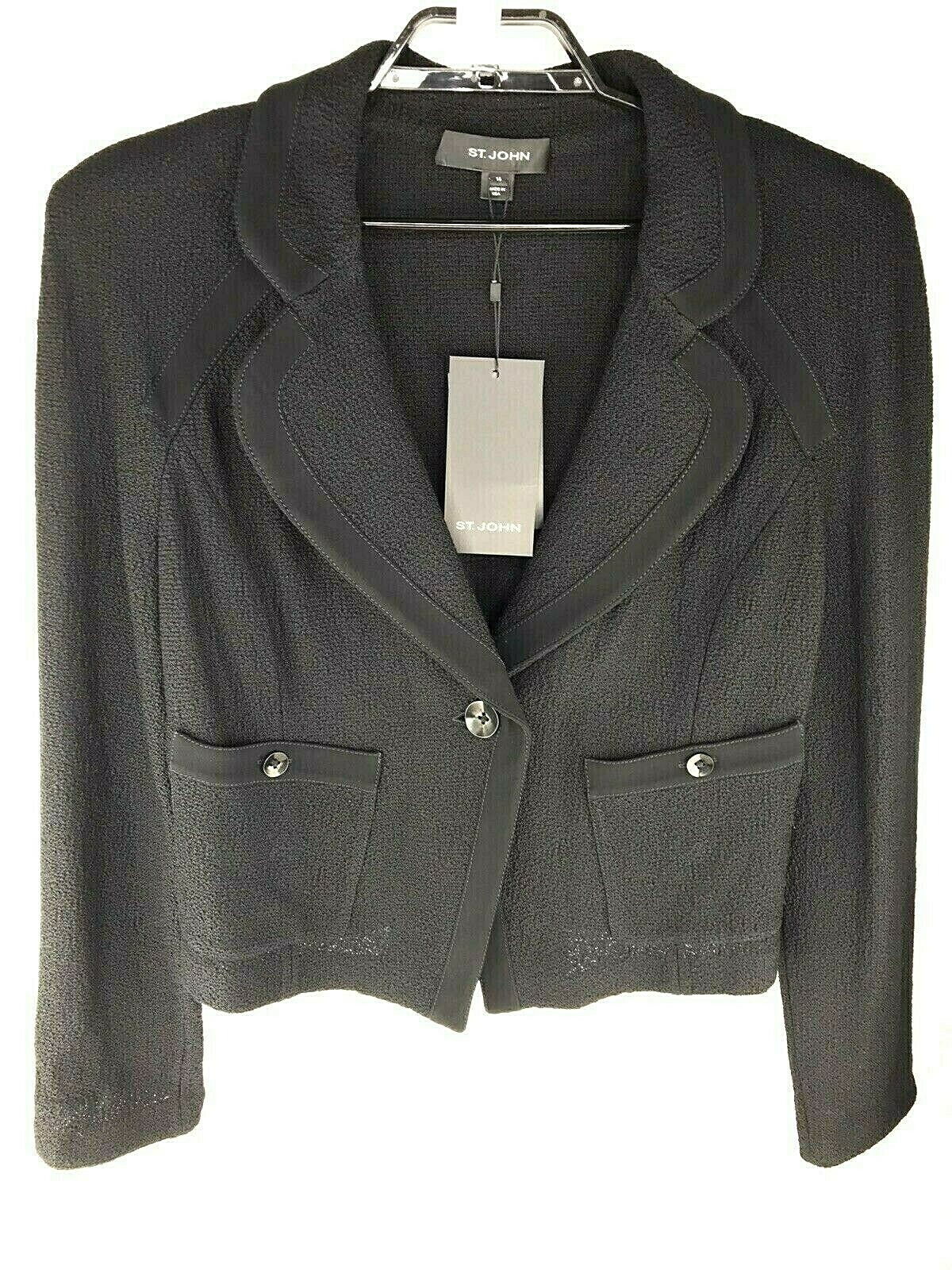 ST JOHN Caviar Suit Jacket Womens 16 Black Knit Blazer Coat Wool Rayon ...
