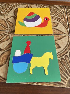 two vintage coloured wooden jigsaw peg puzzles toys snail farm Willis ...