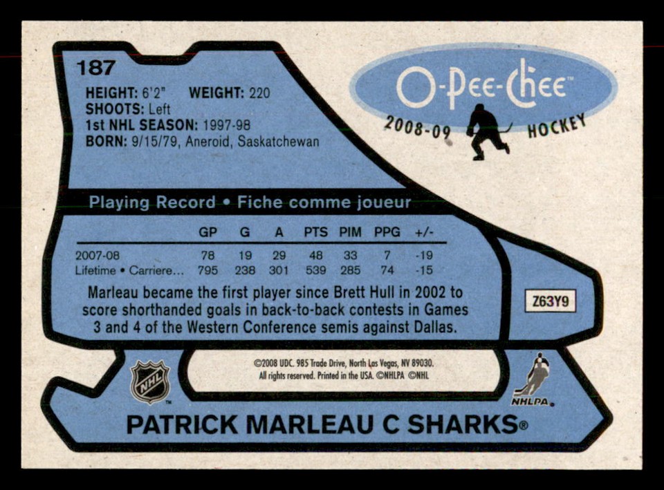 2008-09 O-Pee-Chee 1979-80 Retro #187 Patrick Marleau San Jose Sharks ...