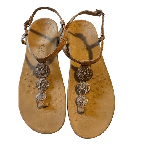 Vionic Lizbeth gold and tan orthaheel tecnology tong strappy leather ...