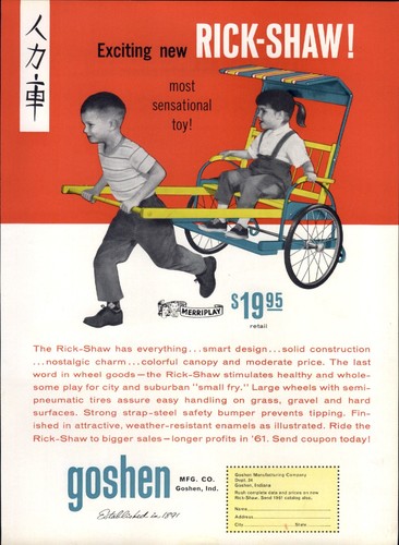 1961 PAPER AD Goshen Mfg. Merriplay Toy Rick-Shaw Seats Two Children Enamel | eBay