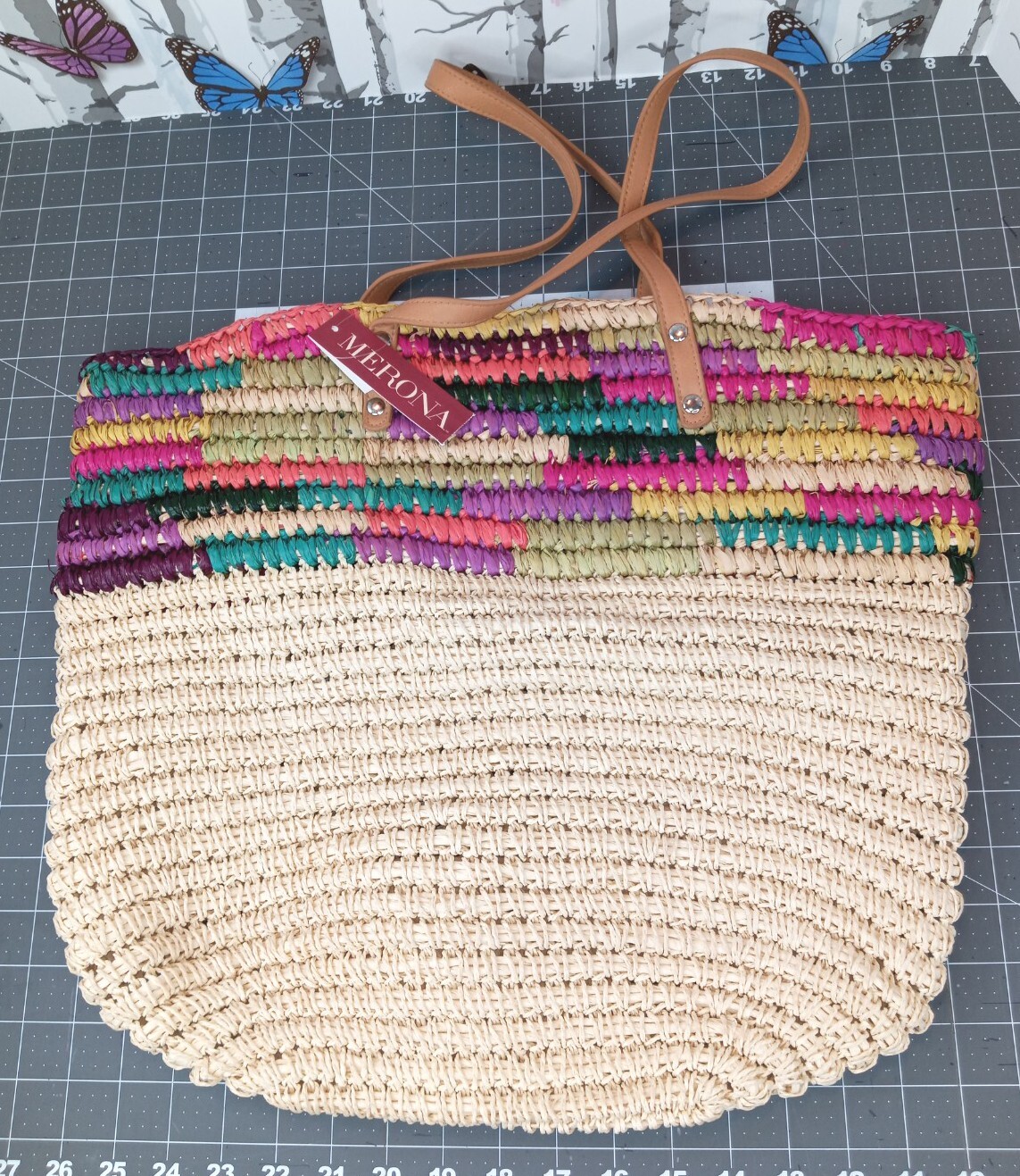Merona Target Leather Straw Beach Tote Bag Purse Multicolored Paper ...