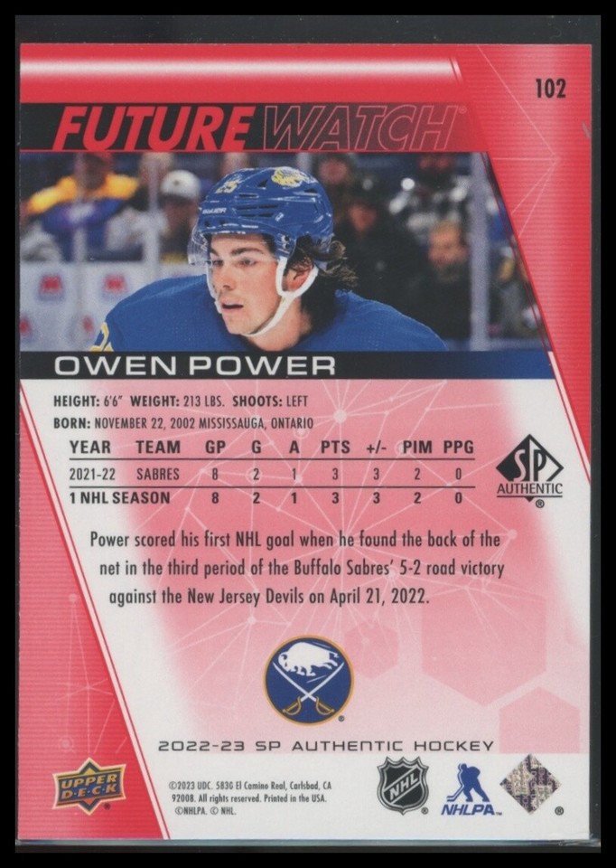 Rookie Owen Power 2022-23 SP Authentic #102 Limited Red | eBay