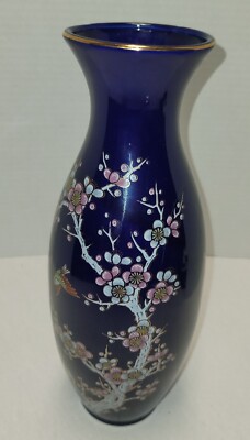 PRETTY COBALT BLUE 10 3/4” TALL ASIAN FLORAL PATTERN VASE Made In Japan ...