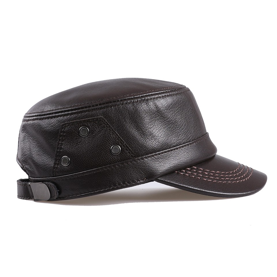 Men's Flat Top Cap Real Sheepskin Leather Military Style Caps Cadet ...