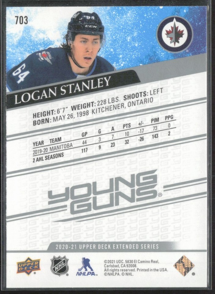 2020-21 UD Extended Series Logan Stanley 703 Young Guns RC | eBay