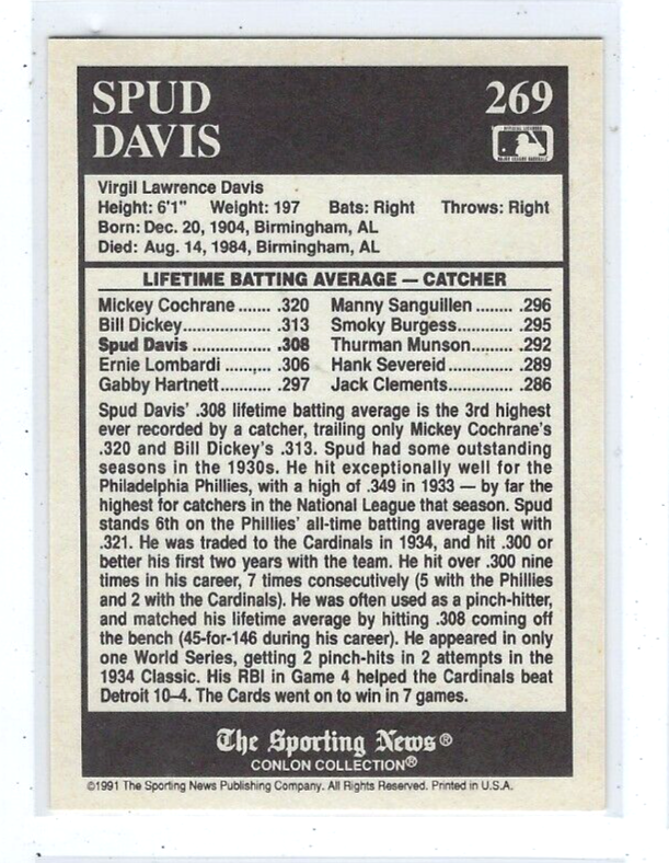 1991 Colon Collection TSN #269 - SPUD DAVIS - All Time Leader - HOF | eBay