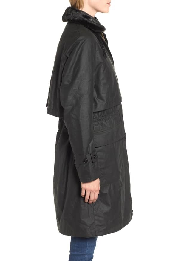 Barbour Floree Waxed Cotton Canvas Jacket w/Faux Fur Collar - Black ...