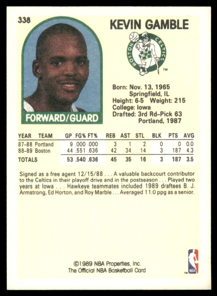 1989-90 Hoops Kevin Gamble Rookie Boston Celtics #338 | eBay