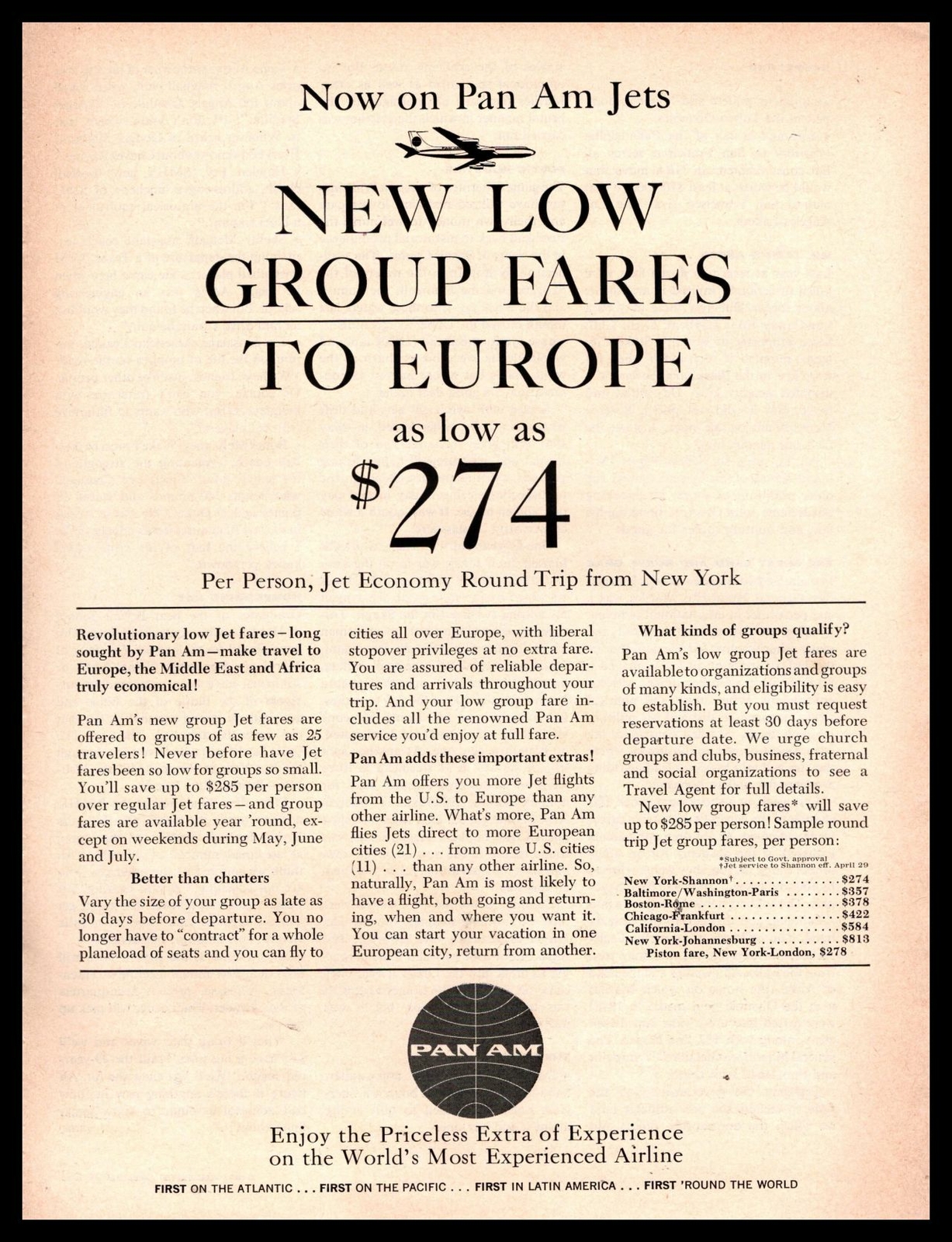 1962 Pan Am Airlines "Low Group Fares To Europe As Low As $274" Vintage ...
